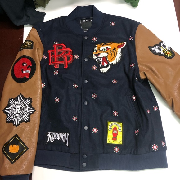 Reason | Jackets & Coats | Reason Navy Blue Patches Bomber Varsity ...